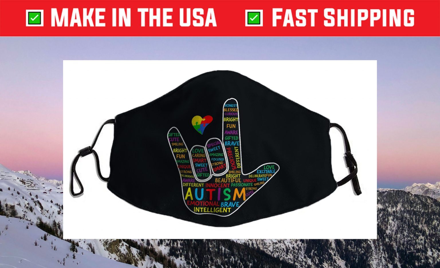 ASL Love Sign Language Hand Autism Awareness Puzzle Heart Face Mask